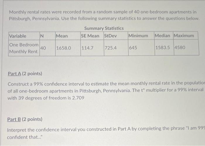 Monthly rental rates were recorded from a random | Chegg.com