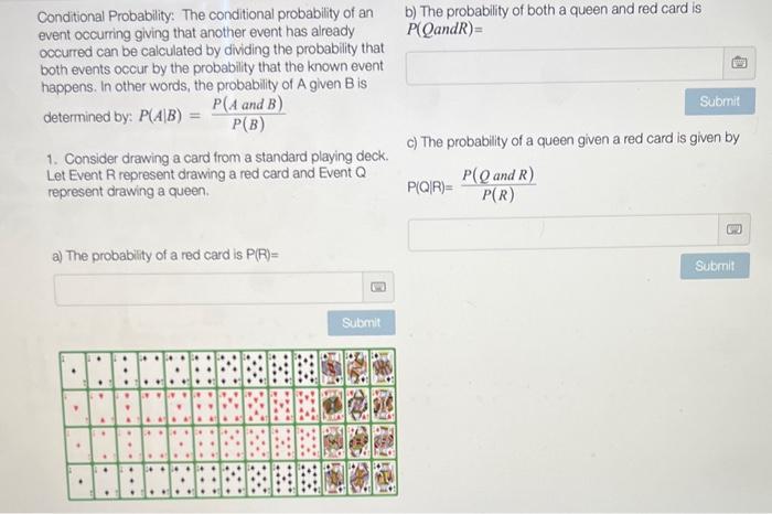 Solved b) The probability of both a queen and red card is | Chegg.com
