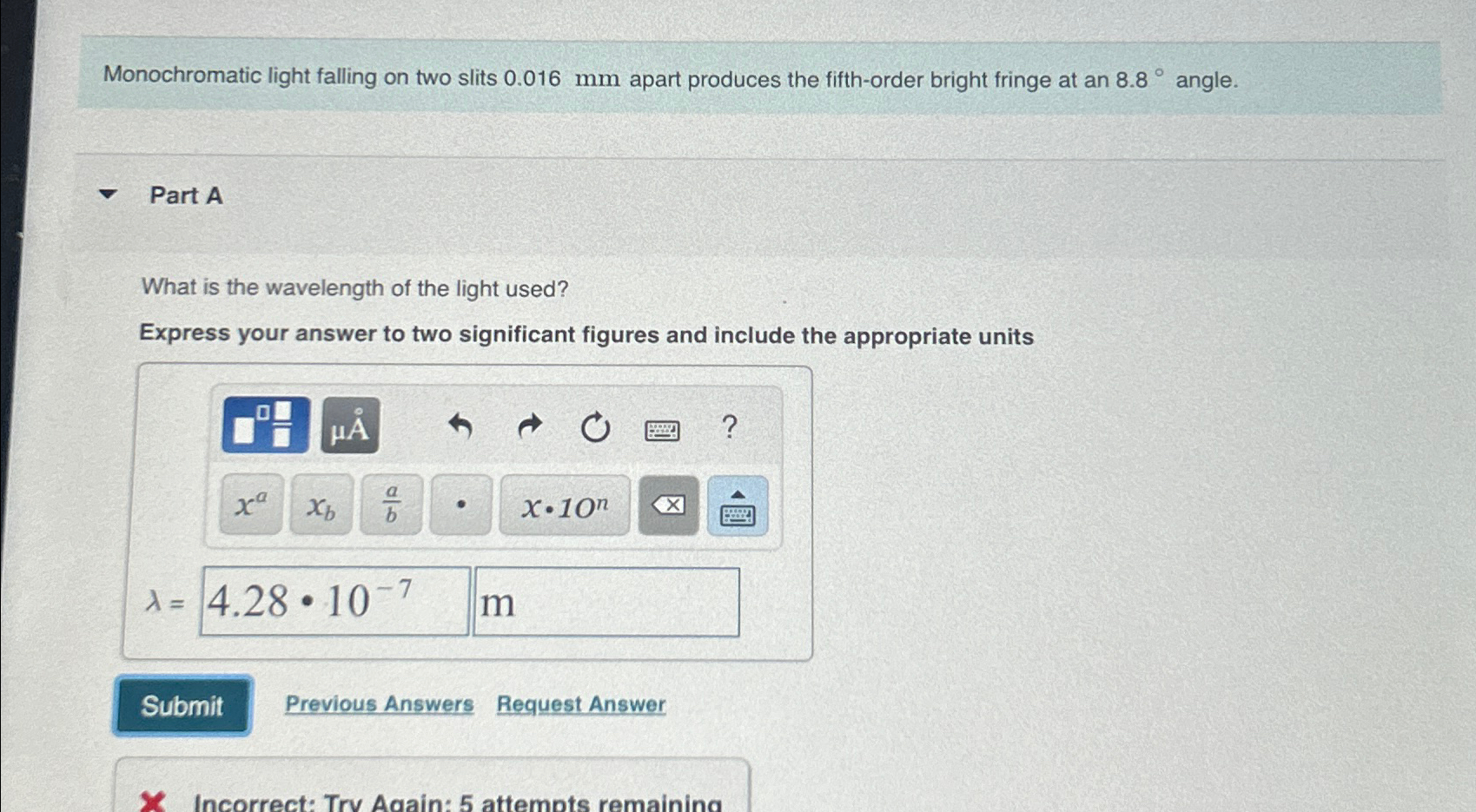 Solved Monochromatic light falling on two slits 0.016mm | Chegg.com