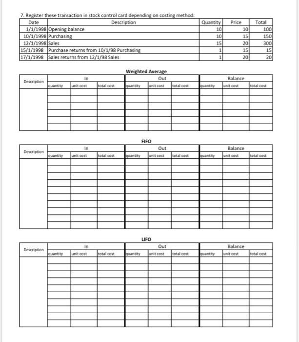 Solved 7. Register these transaction in stock control card | Chegg.com