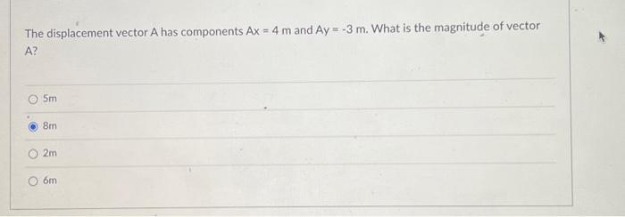 Solved The displacement vector A has components Ax=4 m and | Chegg.com