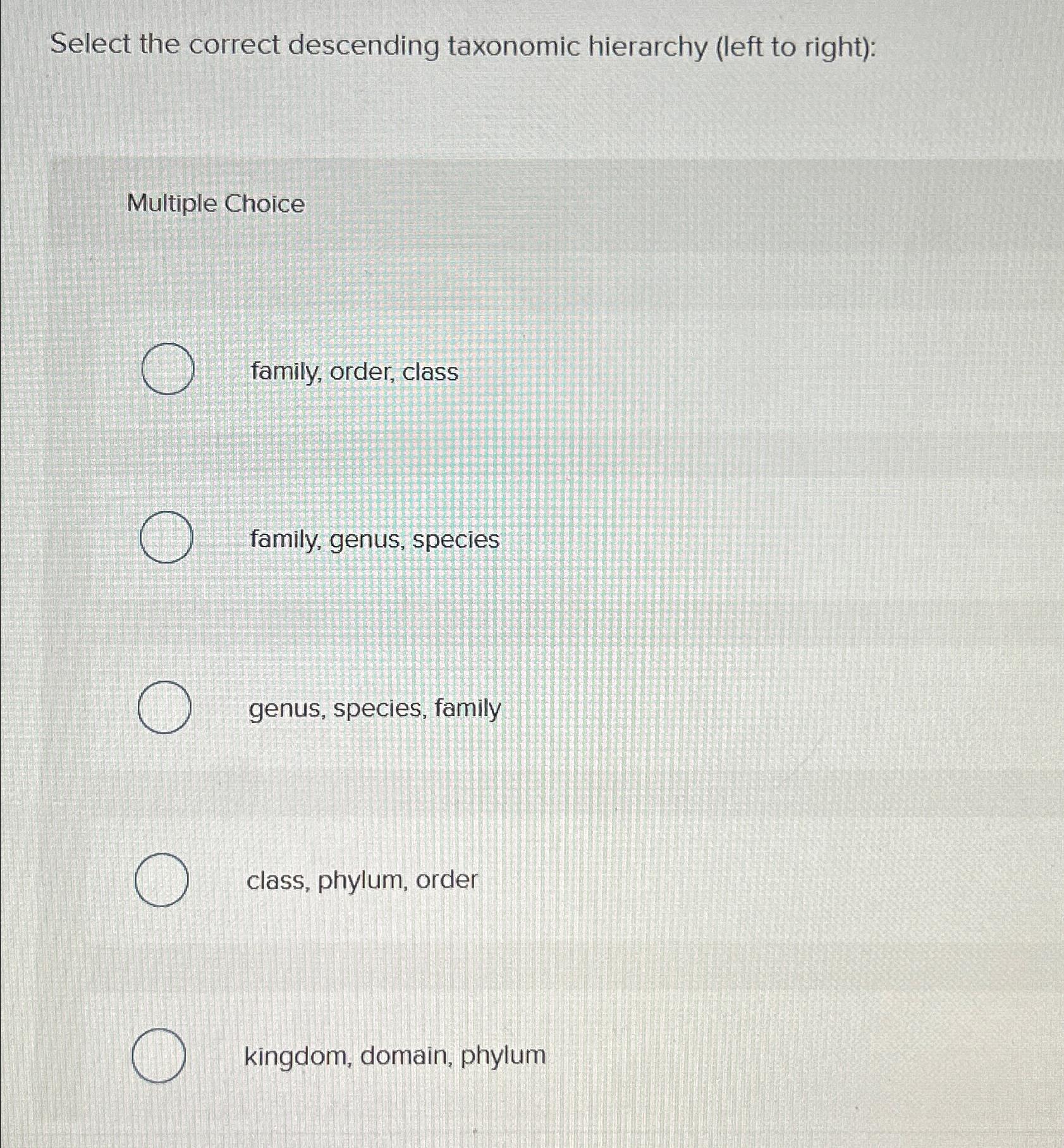 Solved Select the correct descending taxonomic hierarchy | Chegg.com