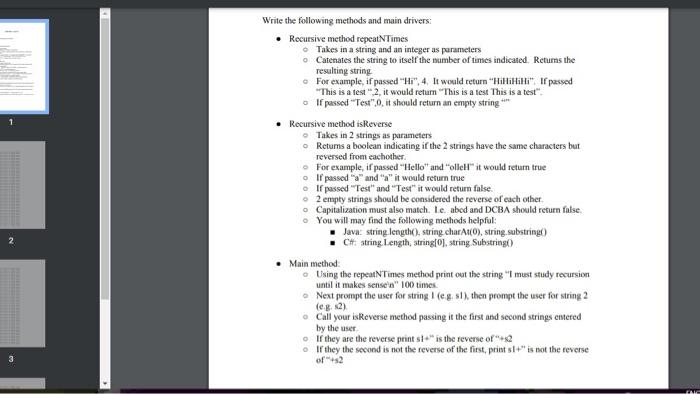 Solved Write the following methods and main drivers: | Chegg.com