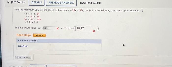 Solved Maximum Value Of The Objective Function Z 20x 39y