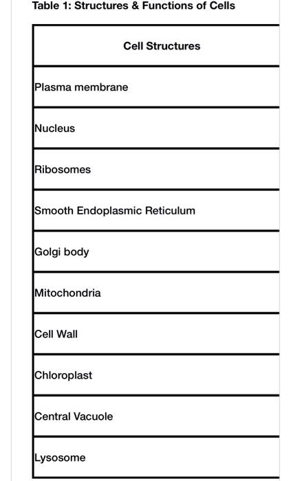 Solved Table 1: Structures & Functions of Cells Cell | Chegg.com