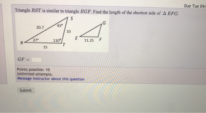 Solved Due Tue 04/ Triangle RST is similar to triangle EGF. | Chegg.com