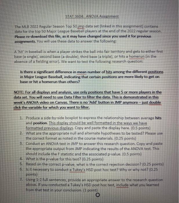STAT 3604: ANOVA Assignment The MLB 2022 Regular | Chegg.com