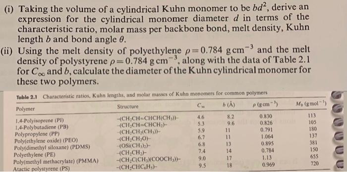 (i) Taking the volume of a cylindrical Kuhn monomer | Chegg.com