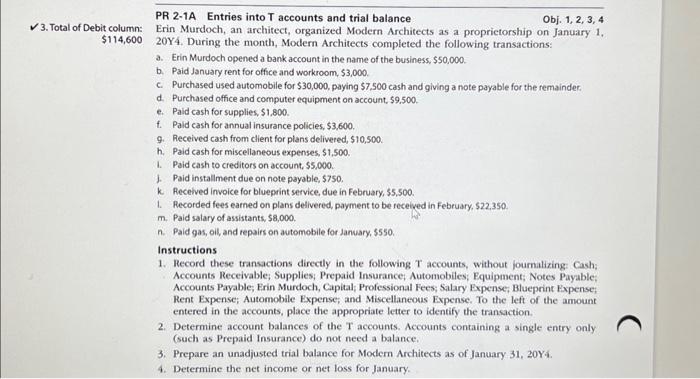 Solved 3. Total of Debit column: $114,600 PR 2-1A Entries | Chegg.com