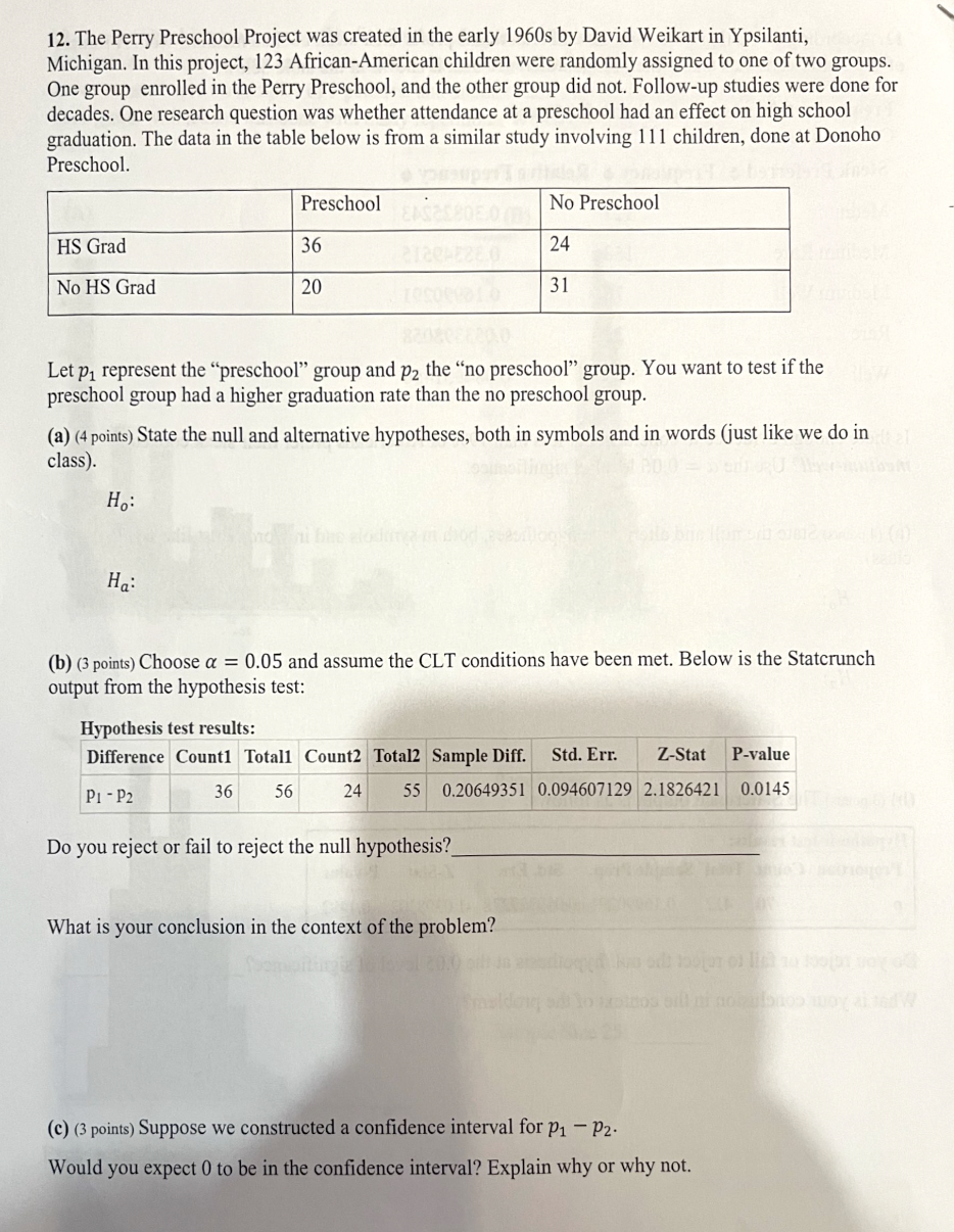 Solved The Perry Preschool Project was created in the early | Chegg.com