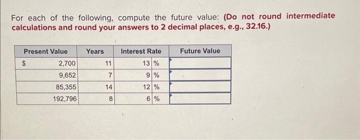 Solved For each of the following, compute the future value: | Chegg.com