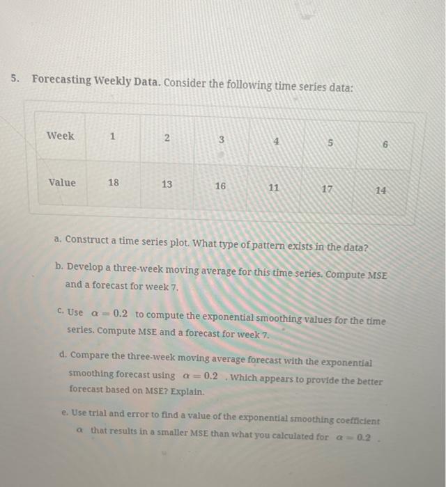 Solved 5. Forecasting Weekly Data. Consider the following | Chegg.com