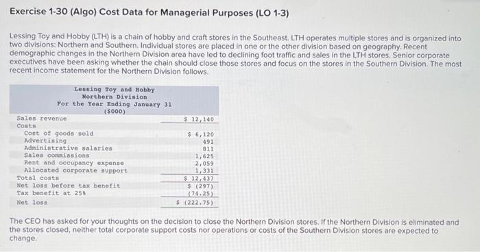 Solved Exercise 1-30 (Algo) Cost Data for Managerial | Chegg.com