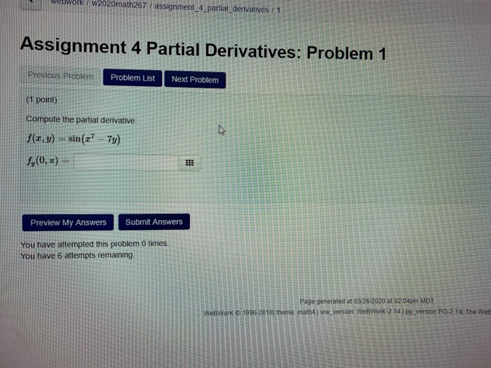 Solved webwork / W2020math267 / assignment 4 partial | Chegg.com