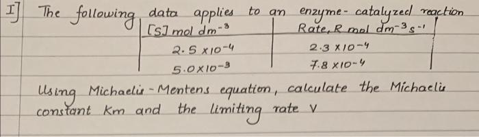 Solved Using Michaelis-Mentens equation, calculate the | Chegg.com