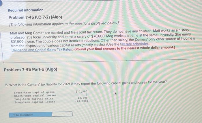 Solved Required information Problem 7-45 (LO 7-2) (Algo) | Chegg.com