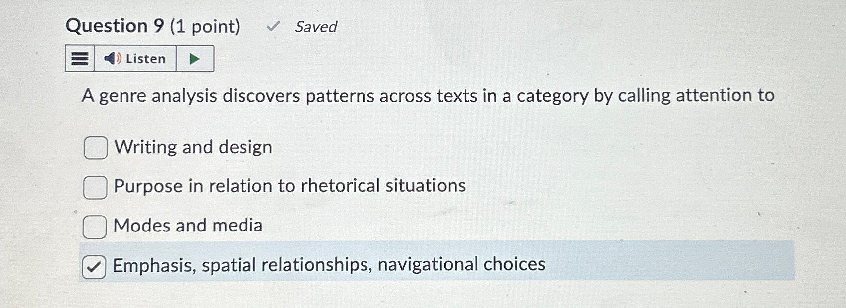 Solved Question 9 (1 ﻿point) ﻿SavedA genre analysis | Chegg.com