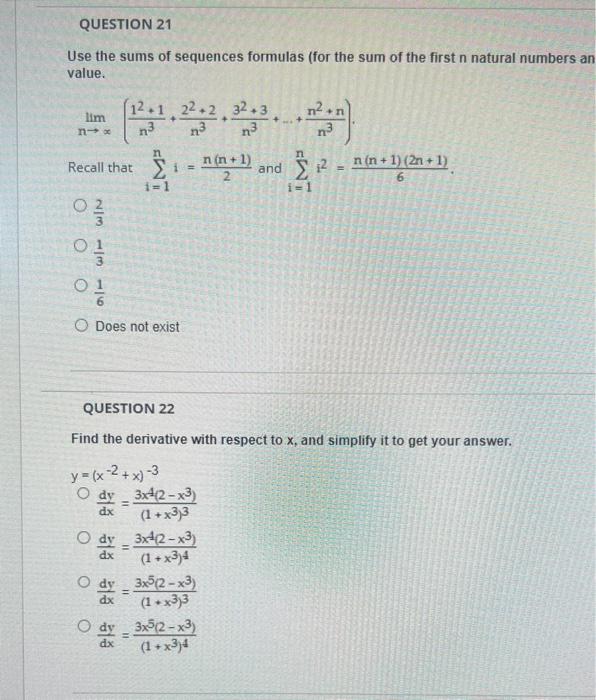 Solved Use the sums of sequences formulas (for the sum of | Chegg.com
