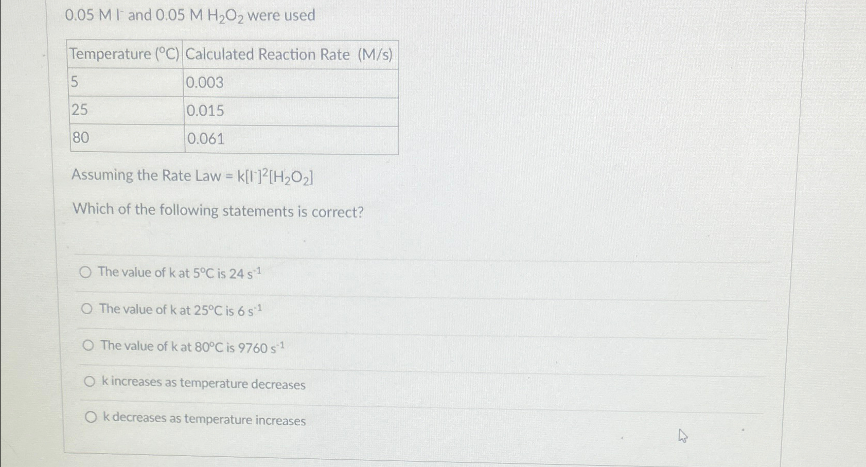 Solved 0.05Ml-and 0.05MH2O2 ﻿were used\table[[Temperature | Chegg.com