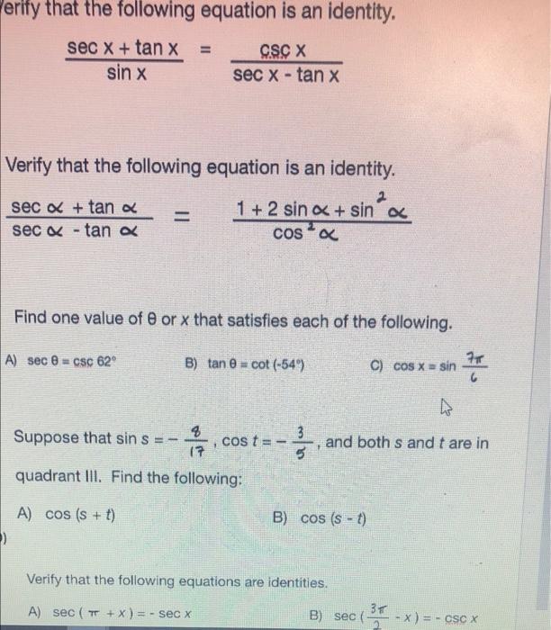 Solved Verify that the following equation is an identity. | Chegg.com