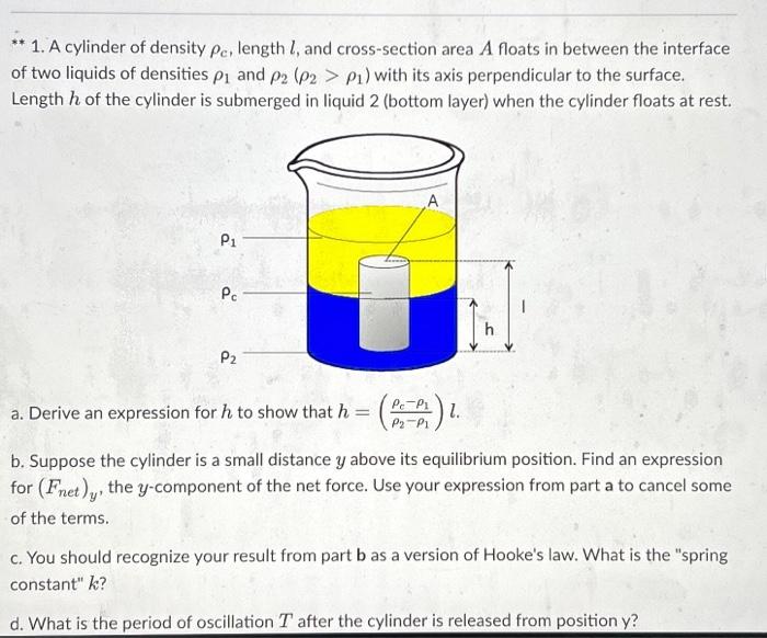 Solved ** 1. A cylinder of density pe, length 1, and | Chegg.com