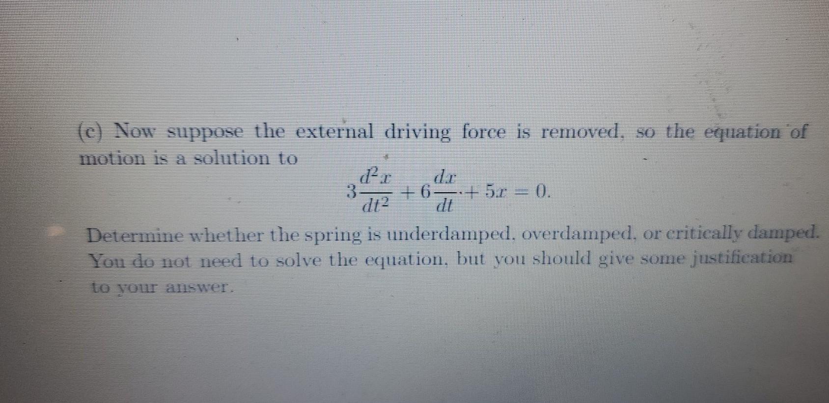 Solved ( Now suppose the external driving force is removed, | Chegg.com