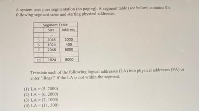 Solved A system uses pure segmentation (no paging). A | Chegg.com