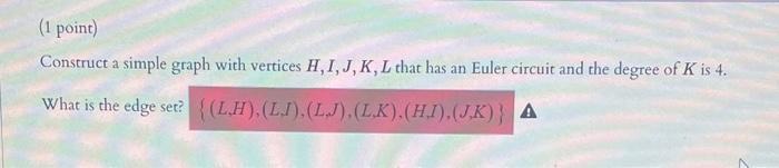 Solved (1 point) Construct a simple graph with vertices H, | Chegg.com