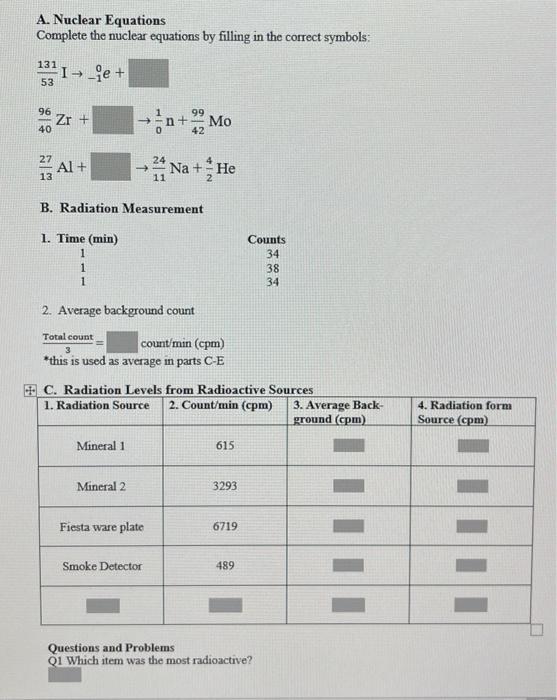 Solved A. Nuclear Equations Complete the nuclear equations | Chegg.com