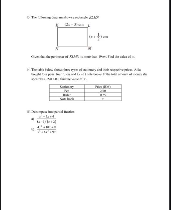 Solved 13. The following diagram shows a rectangle KLMN K | Chegg.com