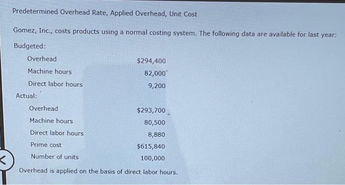 Solved Predetermined Overhead Rate, Applied Overhead, Unit | Chegg.com