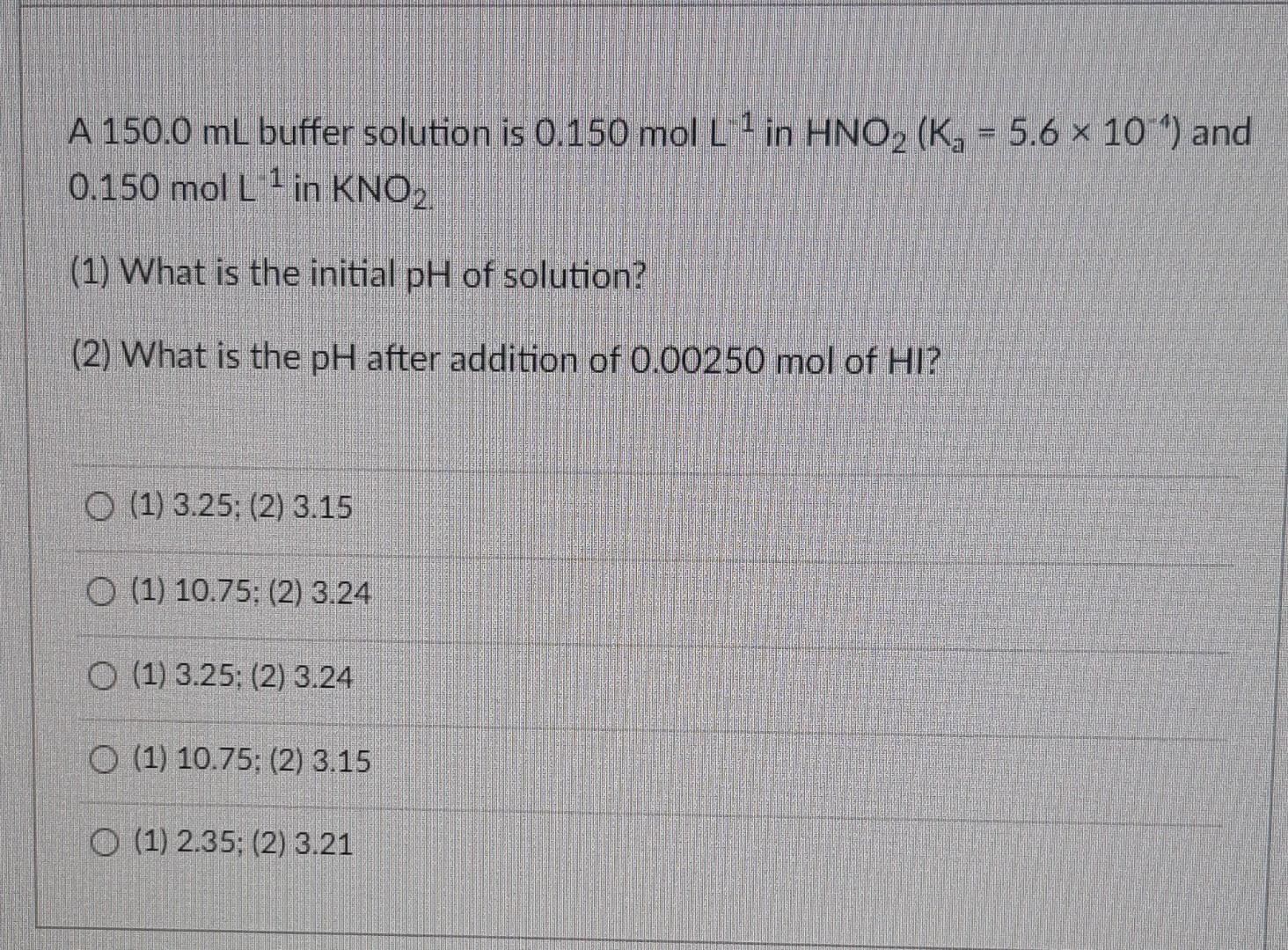 Solved A 150.0 mL buffer solution is 0.150 mol L 1 in HNO2 | Chegg.com