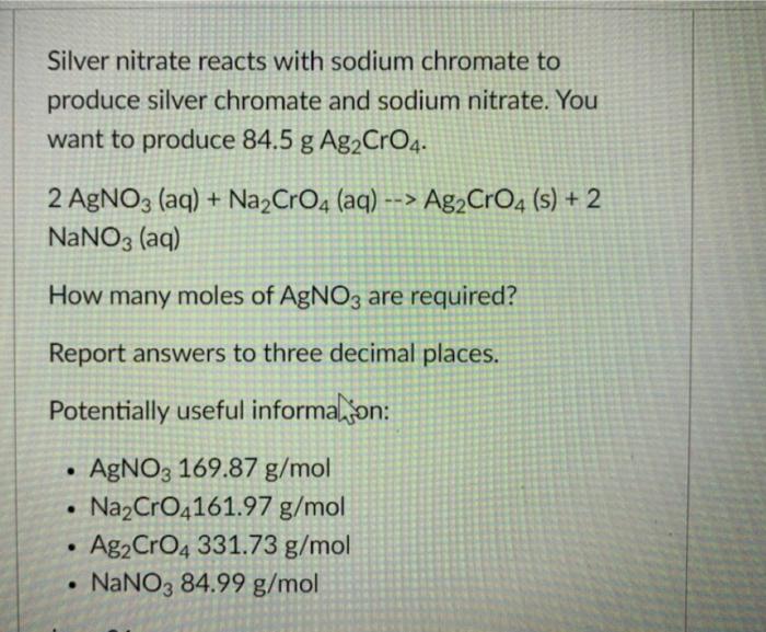 Solved Silver nitrate reacts with sodium chromate to produce | Chegg.com
