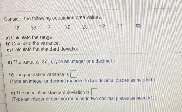 Solved Consider the following population data values. 16 39 | Chegg.com