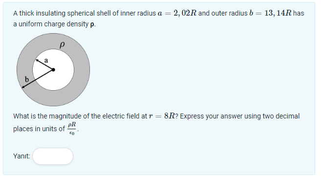 Solved A thick insulating spherical shell of inner radius | Chegg.com