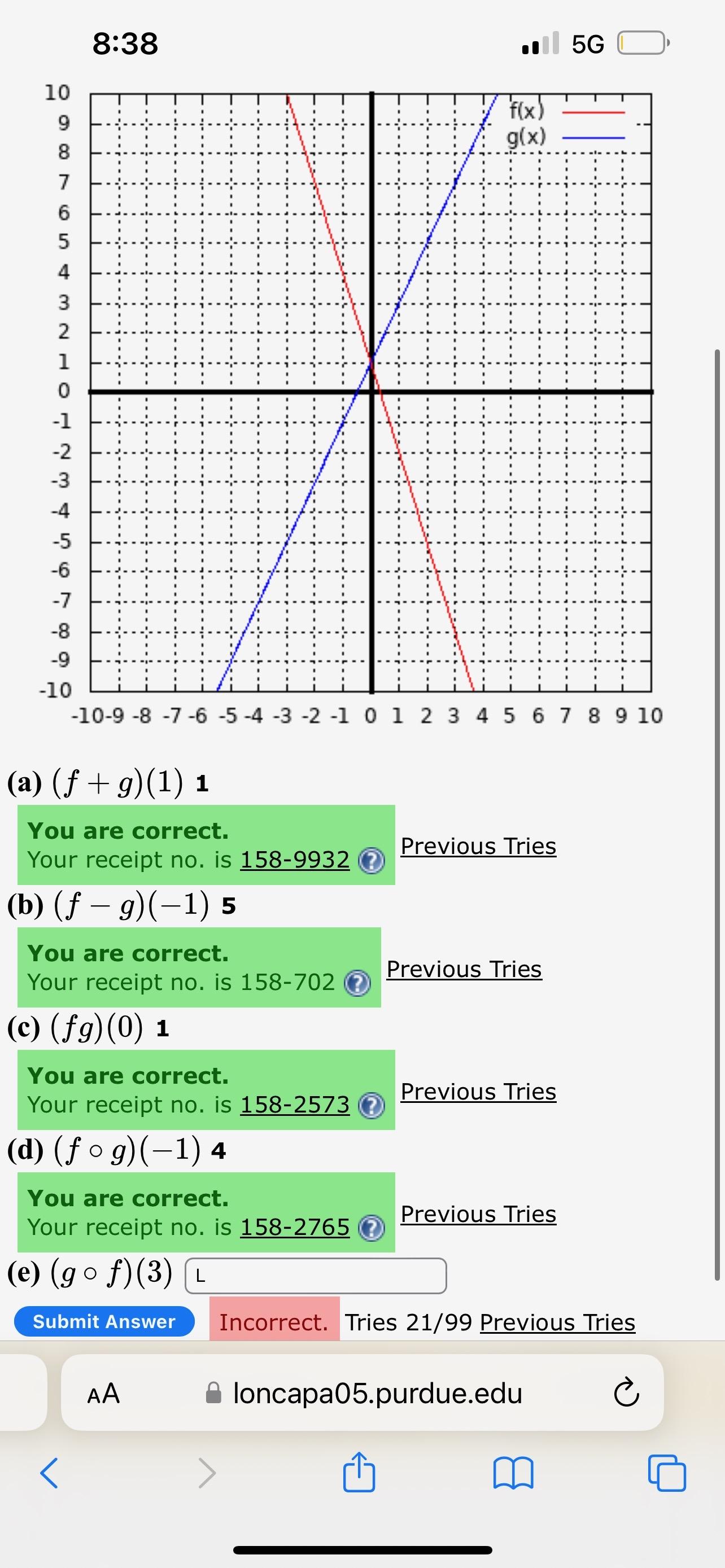 Solved 8:385G(a) (f+g)(1)1You are correct.Your receipt no. | Chegg.com