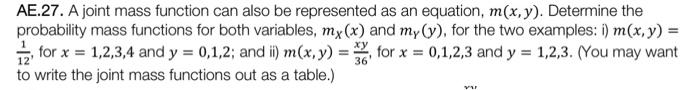 Solved AE.27. A joint mass function can also be represented | Chegg.com