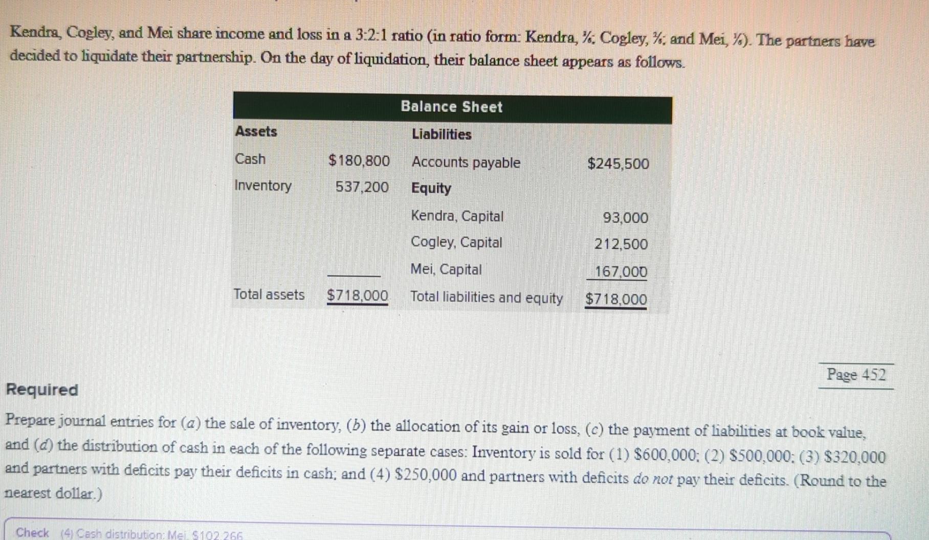 Kendra, Cogley, and Mei share income and loss in a | Chegg.com