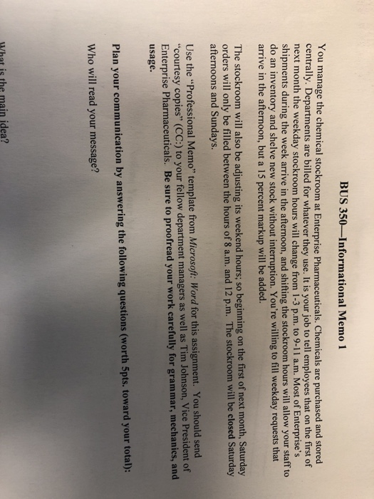 Solved BUS 350—Informational Memo 1 You manage the chemical | Chegg.com