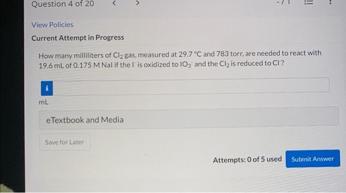 Solved How many milliliters of Cl2 gas, measured at 29.7∘C | Chegg.com