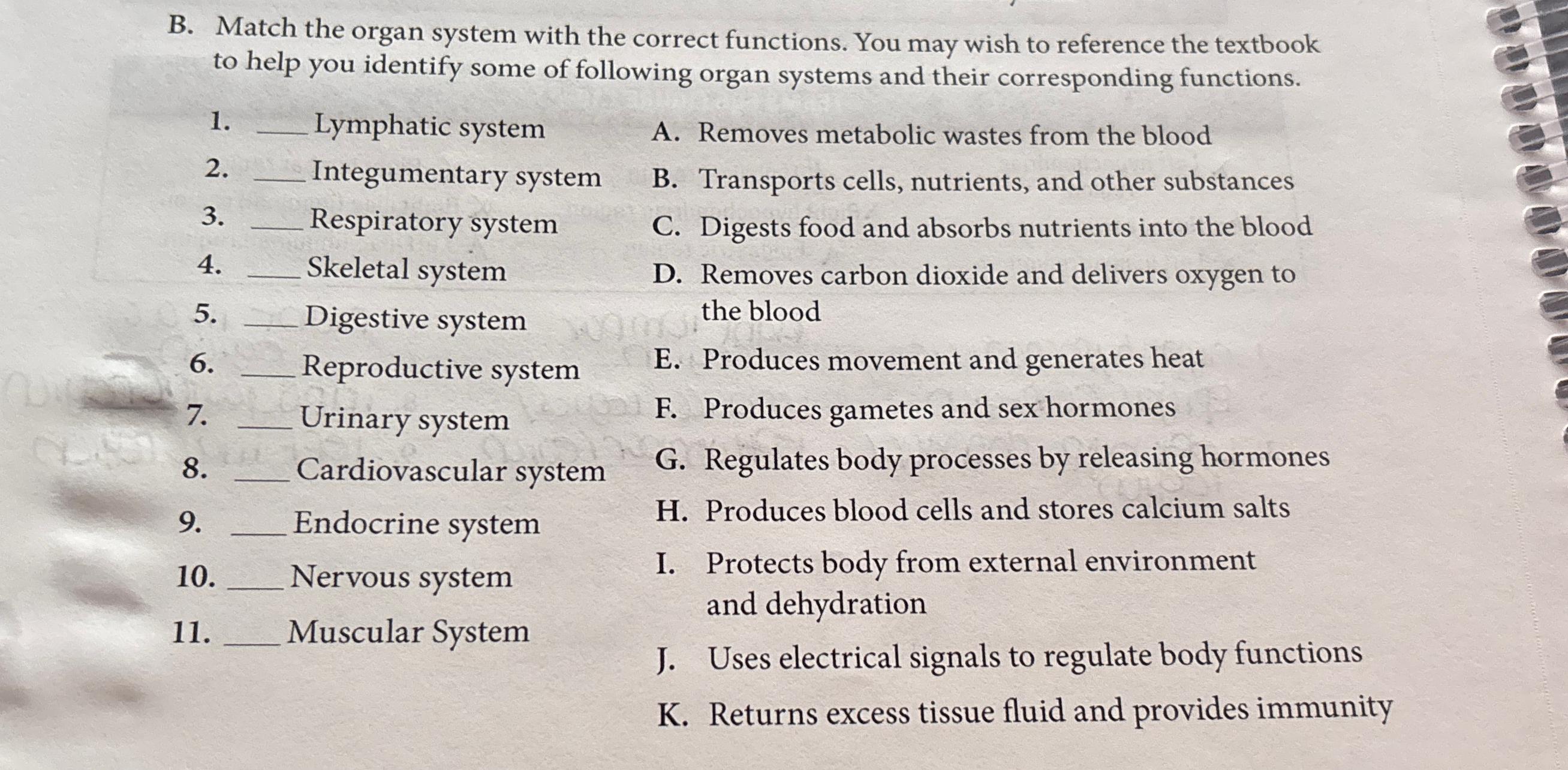 Solved B. ﻿Match the organ system with the correct | Chegg.com