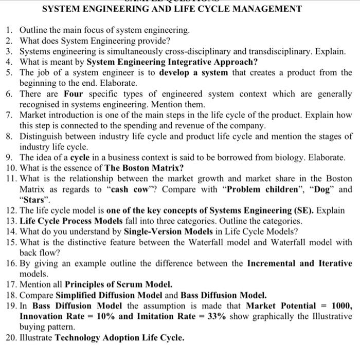 Solved SYSTEM ENGINEERING AND LIFE CYCLE MANAGEMENT 1. | Chegg.com