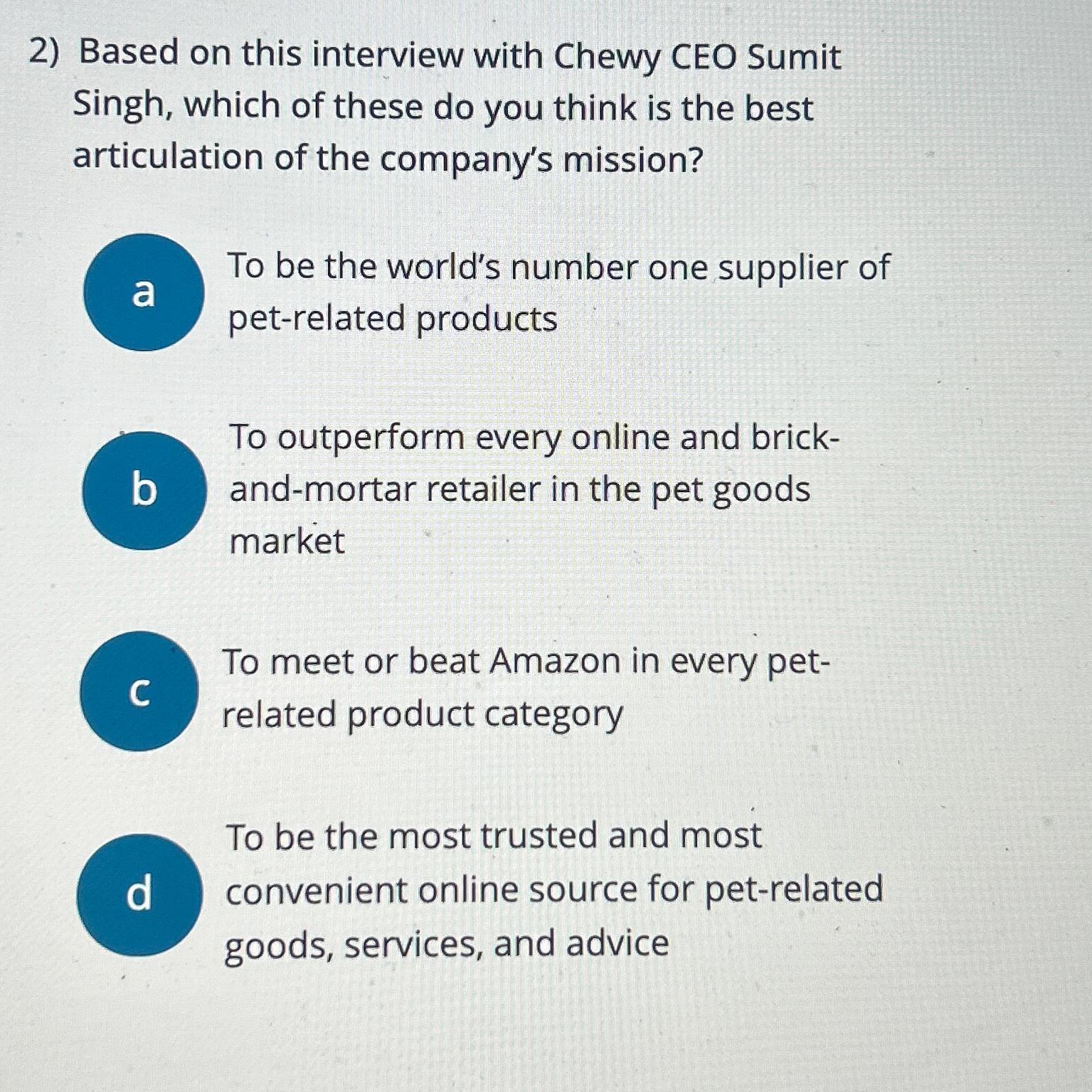 Solved Based on this interview with Chewy CEO Sumit Singh, | Chegg.com
