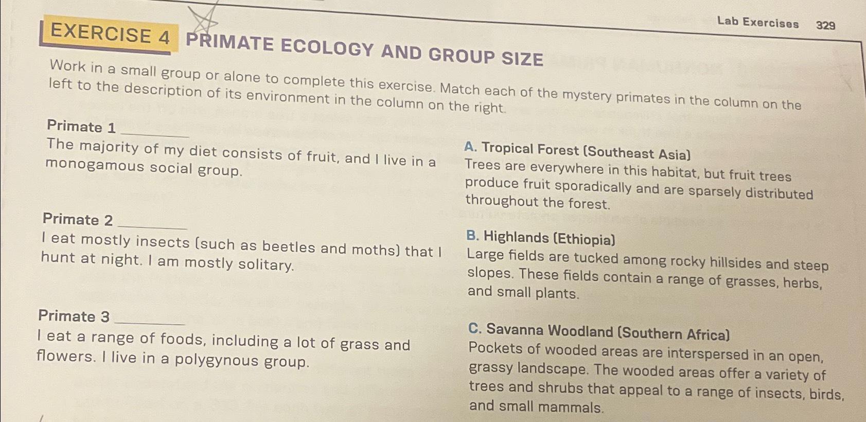 Solved Lab Exercises329EXERCISE 4 ﻿PRIMATE ECOLOGY AND GROUP | Chegg.com