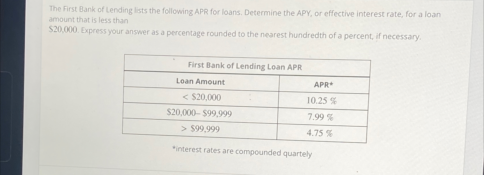 Solved The First Bank of Lending lists the following APR for | Chegg.com