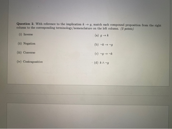 Solved Question 2. With reference to the implication k + g, | Chegg.com