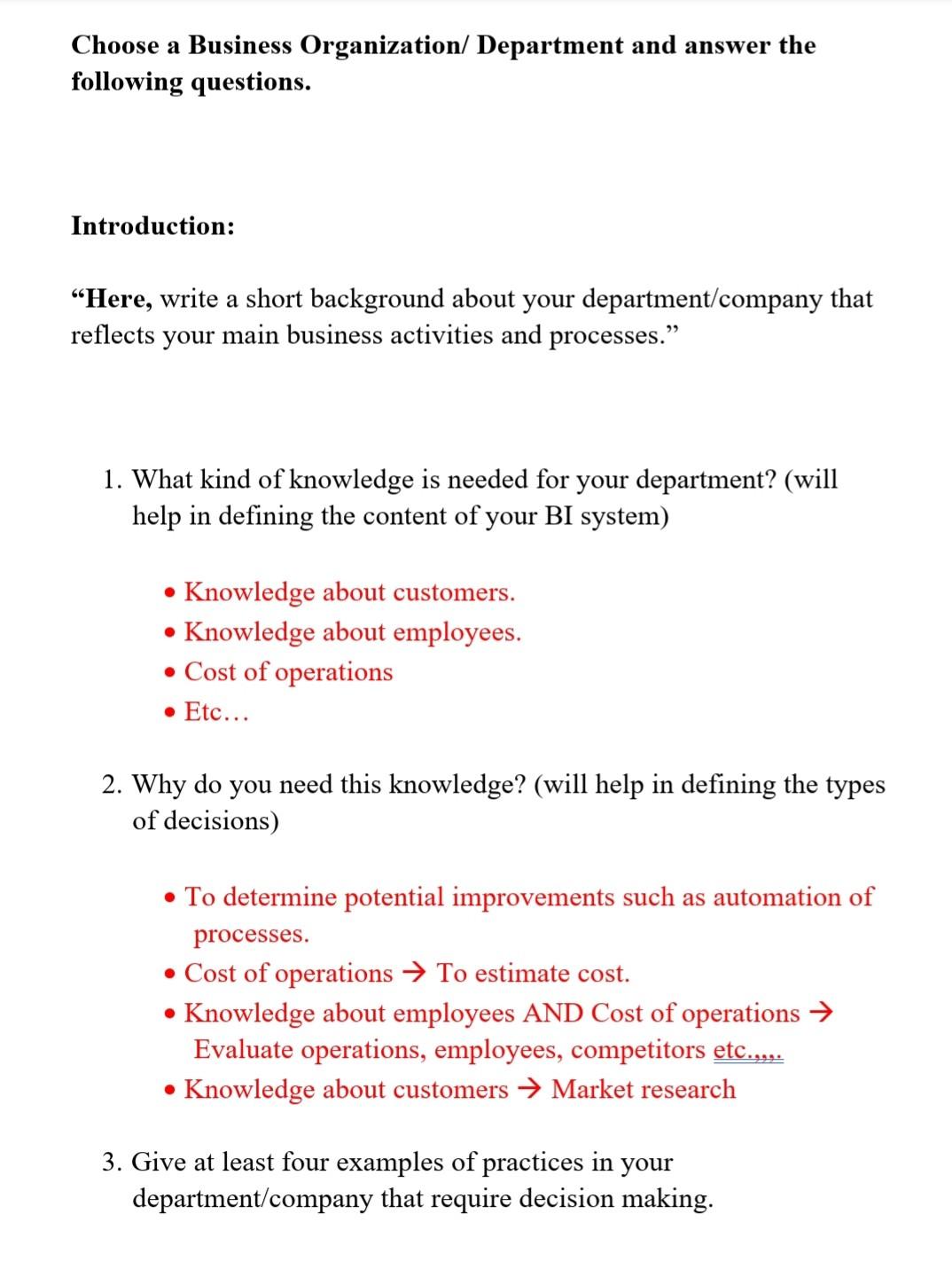 Solved Choose a Business Organization/ Department and answer | Chegg.com