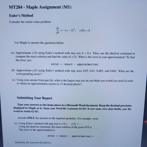 MT284 - Maple Assignment (M1) Euler's Method Consider | Chegg.com