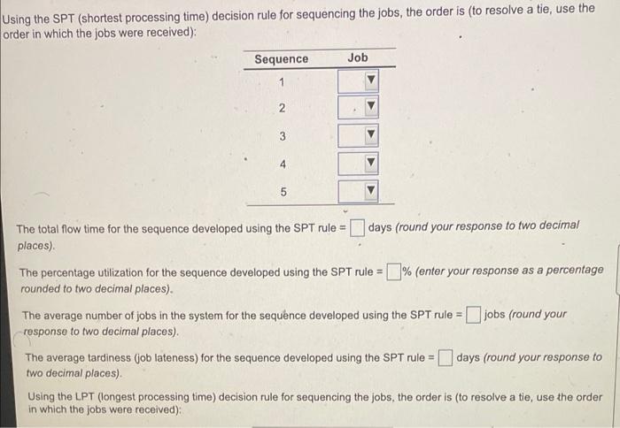 Solved Using the SPT (shortest processing time) decision | Chegg.com