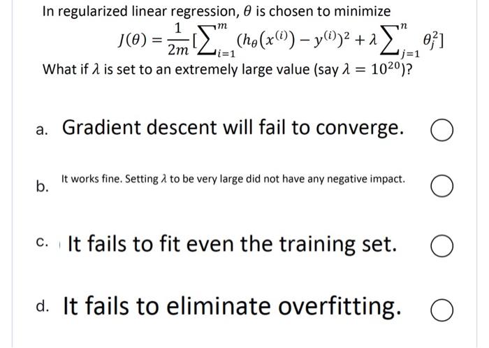 Solved In regularized linear regression, θ is chosen to | Chegg.com